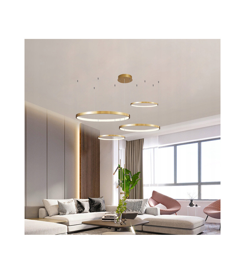 Złota lampa wisząca Silva EX z pilotem - 4 okręgi LED ring 40/40/60/80cm